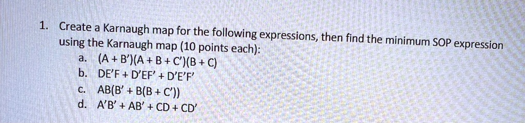 1. Create a Karnaugh map for the following expressions, then find the ...