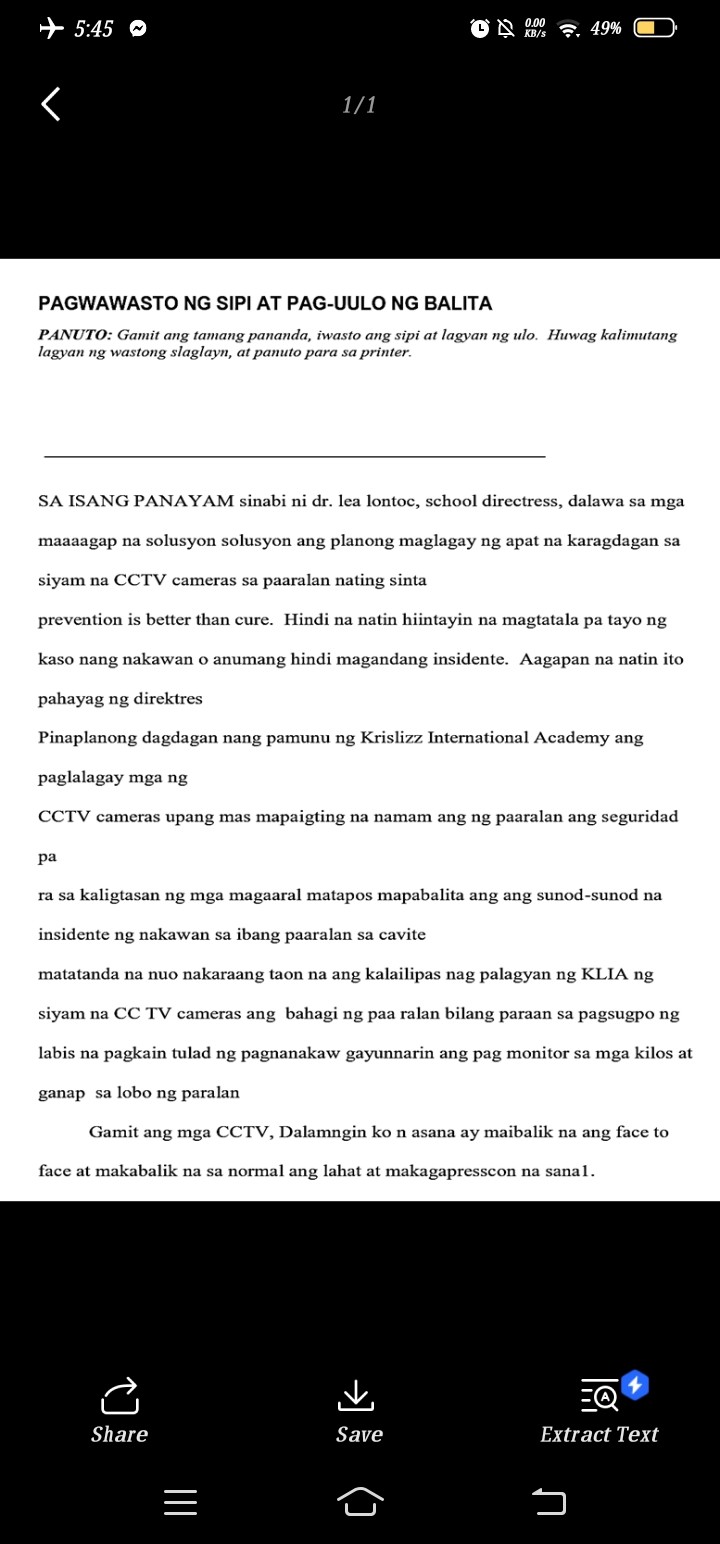 SOLVED: 5:45 0.00 49 % 1 / 1 PAGWAWASTO NG SIPI AT PAG-UULO NG BALITA ...