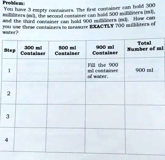 Problem: You have 3 empty containers. The first container can hold 300 ...