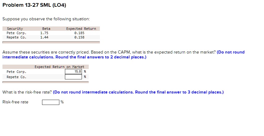 Problem 13-27 SML (LO4) Suppose you observe the following situation ... Problem 13-27 SML (LO4) Suppose you observe the following situation ...