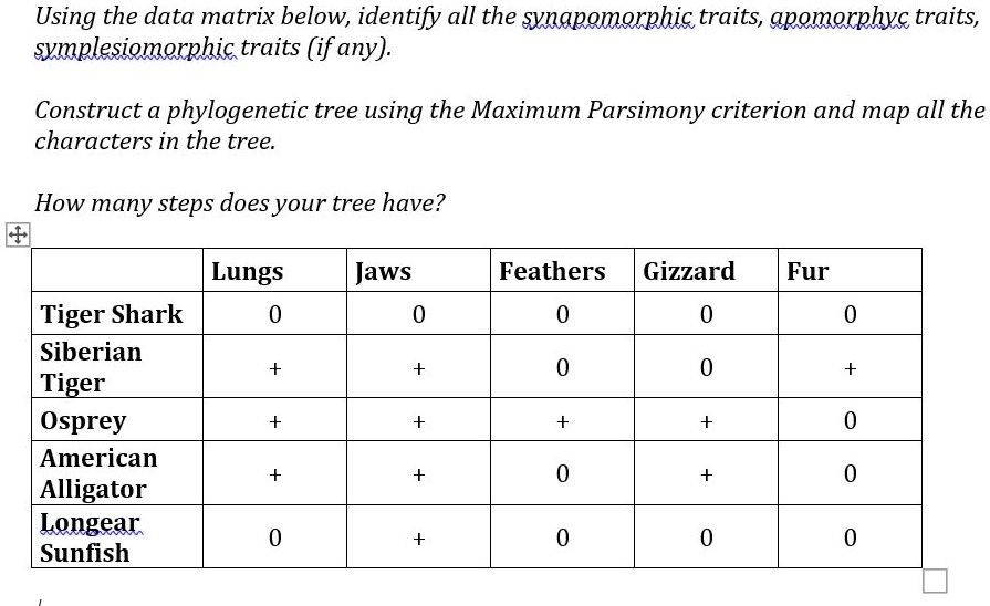SOLVED: Using the data matrix below, identify all the synapomorphic ...