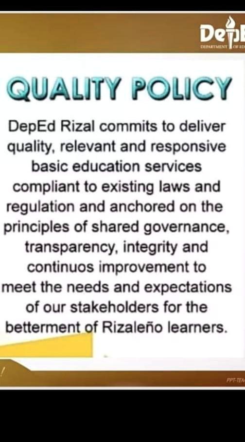 SOLVED: Ano ang ibig sabihin nito? Paki paliwanag. DepeD QUALITY POLICY ...