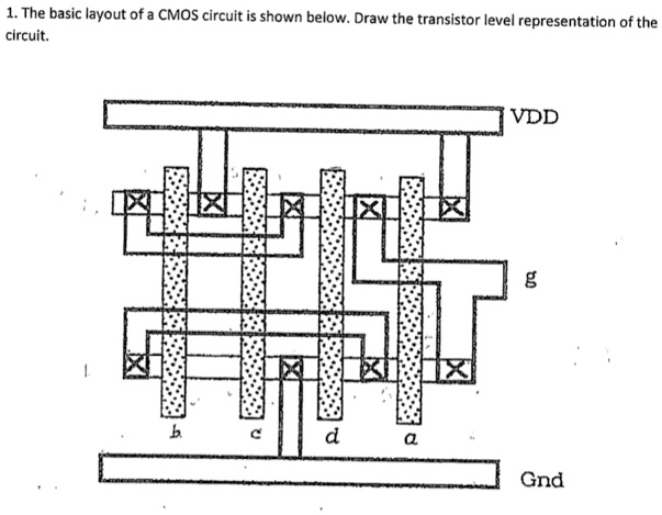 Draw the transistor level representation of the circuit. 1.The basic layout of a CMOS circuit is ...