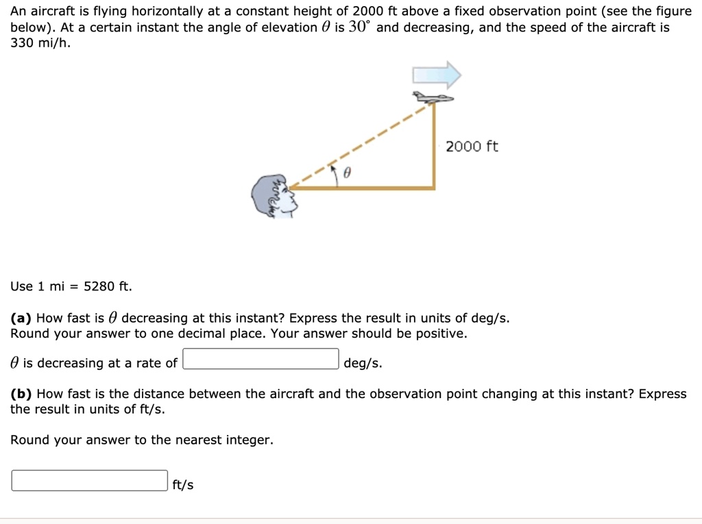 An aircraft is flying horizontally at a constant height of 2000 ft ...