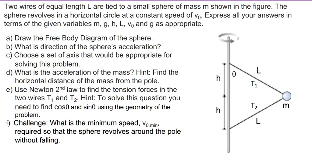 SOLVED: Two wires of equal length L are tied to a small sphere of mass m shown in the figure ...