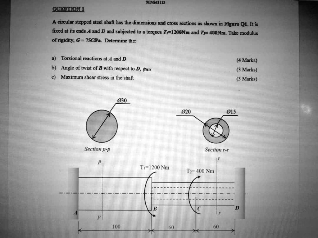 SOLVED: SEMM1113 QUESTION1 A circular stepped steel shaft has the ...