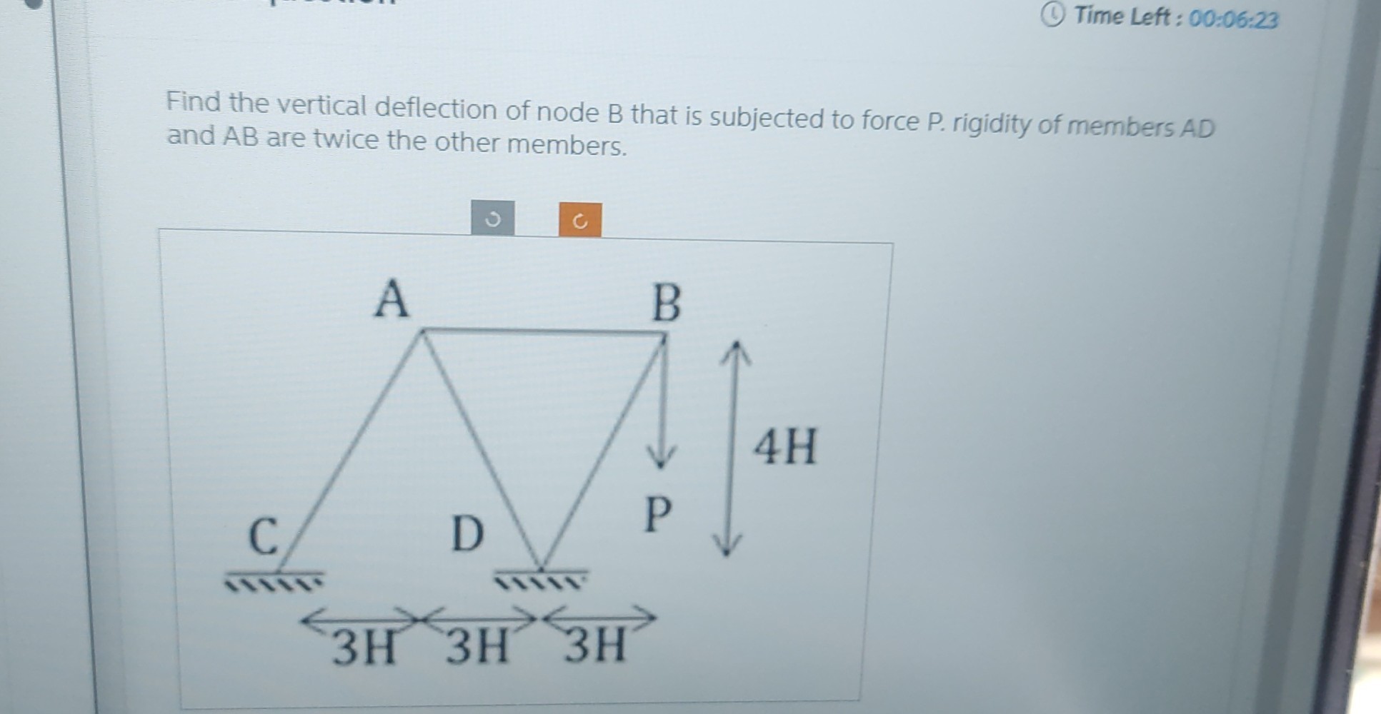 (1) Time Left : 00:06:23 Find the vertical deflection of node B that is subjected to force P ...