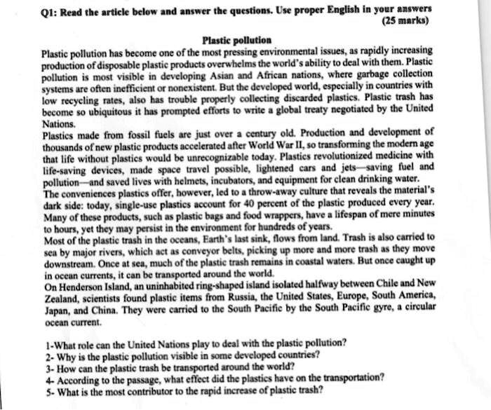 SOLVED: Plastic pollution has become one of the most pressing ...