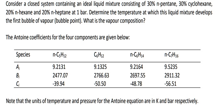 SOLVED: Consider a closed system containing an ideal liquid mixture consisting of 30% n-pentane ...