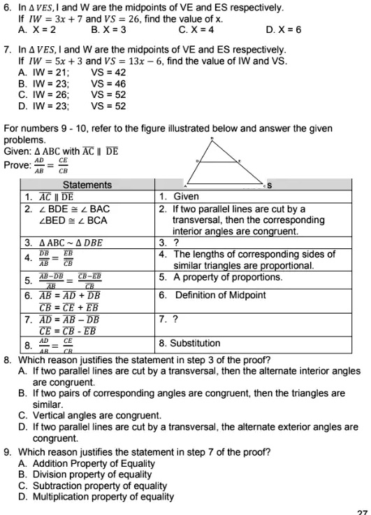 SOLVED: In 4 VES, and W are the midpoints of VE and ES respectively: If ...