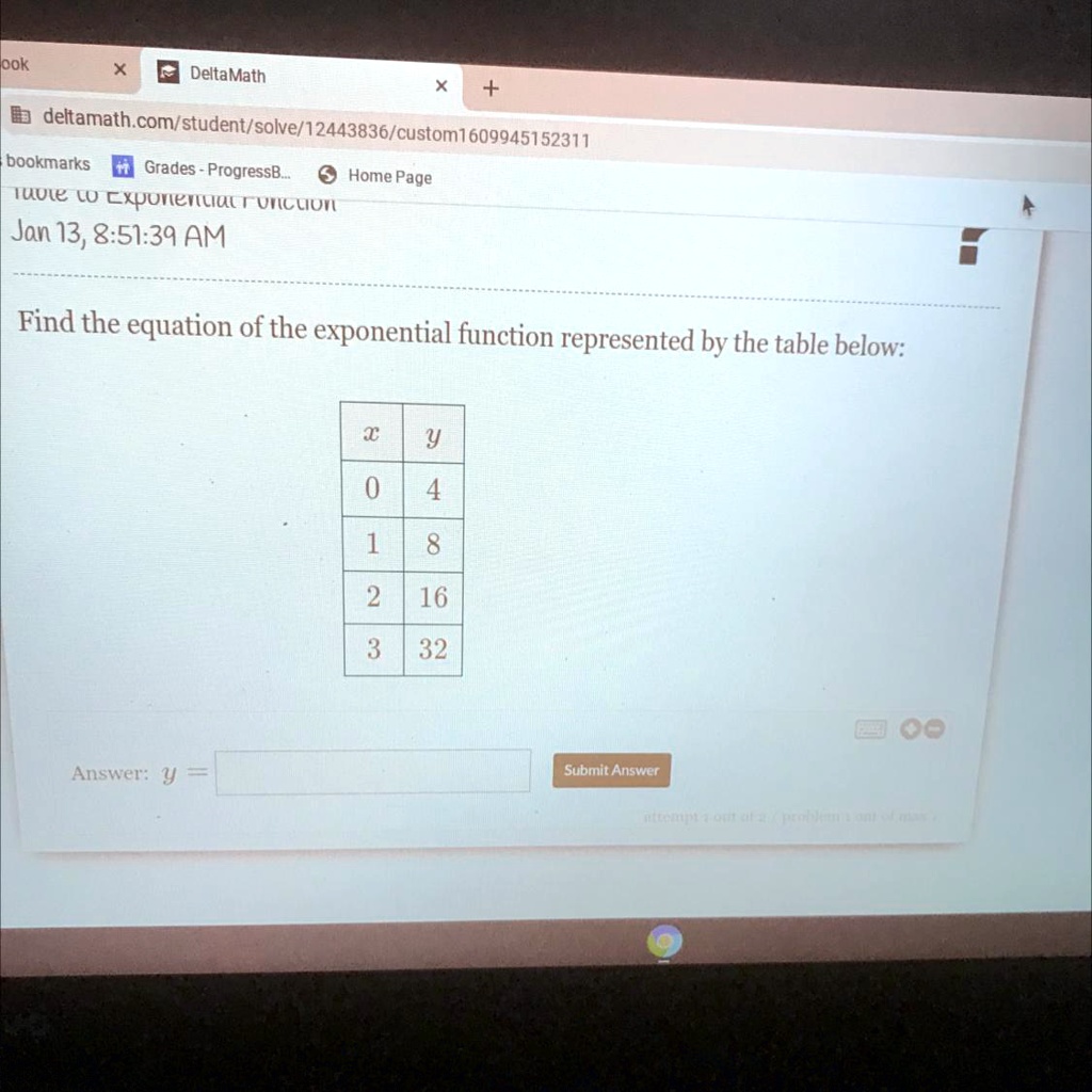 please answer asap find the equation of the exponential function represented by the table below ...