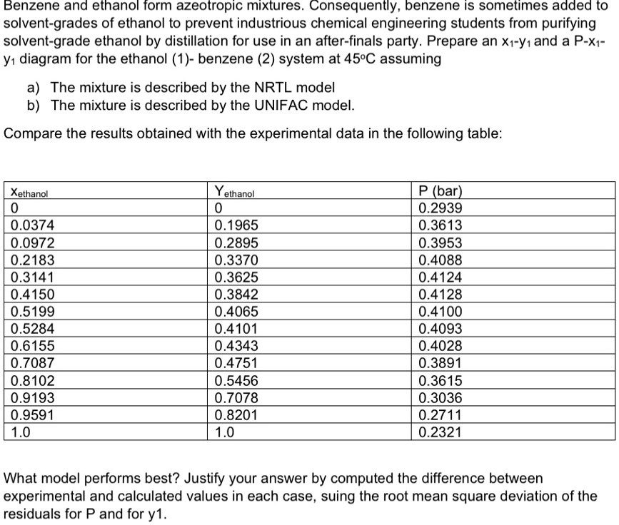 SOLVED: Using Aspen Plus Benzene and ethanol form azeotropic mixtures. Consequently, benzene is ...