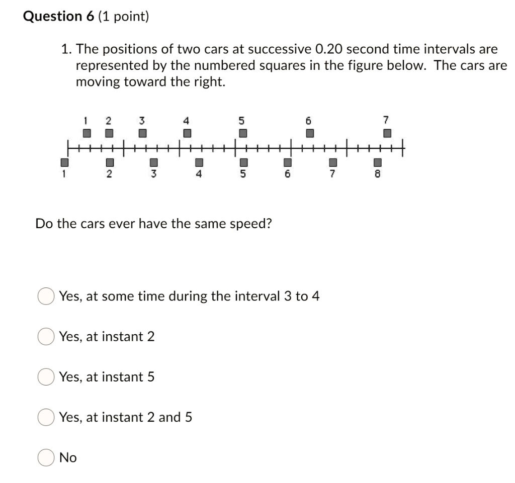 SOLVED: Question 6 (1 point) 1 The positions of two cars at successive ... SOLVED: Question 6 (1 point) 1 The positions of two cars at successive ...