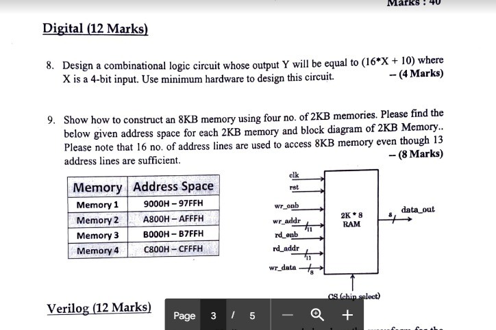 SOLVED: Digital (12 Marks) 8. Design a combinational logic circuit whose output Y will be equal ...