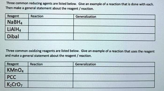 three common reducing agents are listed below give an example of ...