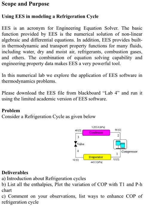 SOLVED: Scope and Purpose Using EES in modeling a Refrigeration Cycle EES is an acronym for ...