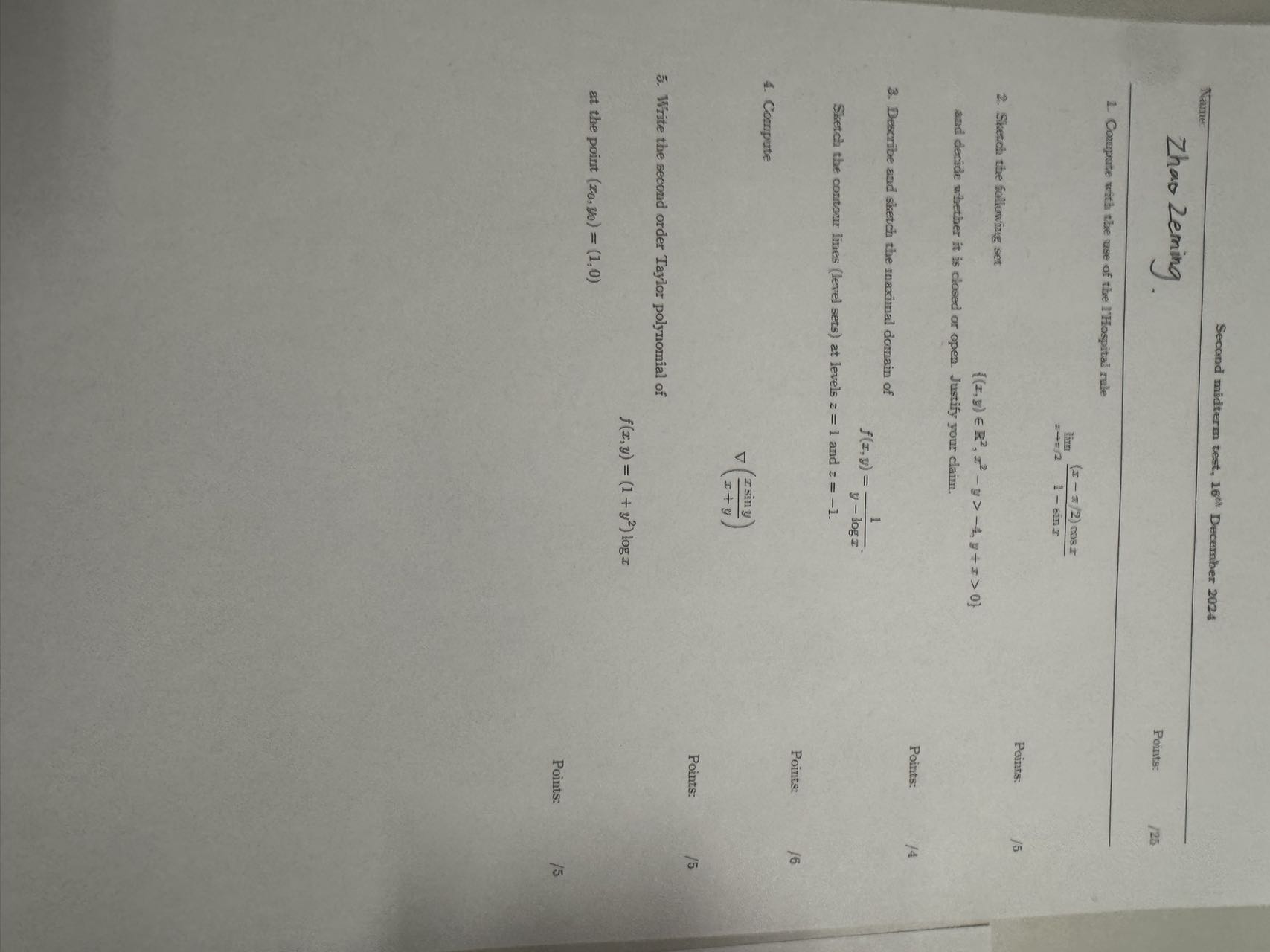 Secand midterm test, 16^ah December 2024 Name Zhao Zeming. Points: / 25 ...