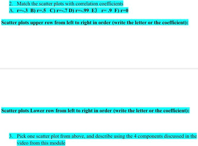 SOLVED:Match the scatter plots with correlation coeflicients 53 B)rs C)r-D) r-99 E) F,9 F)r0 ...
