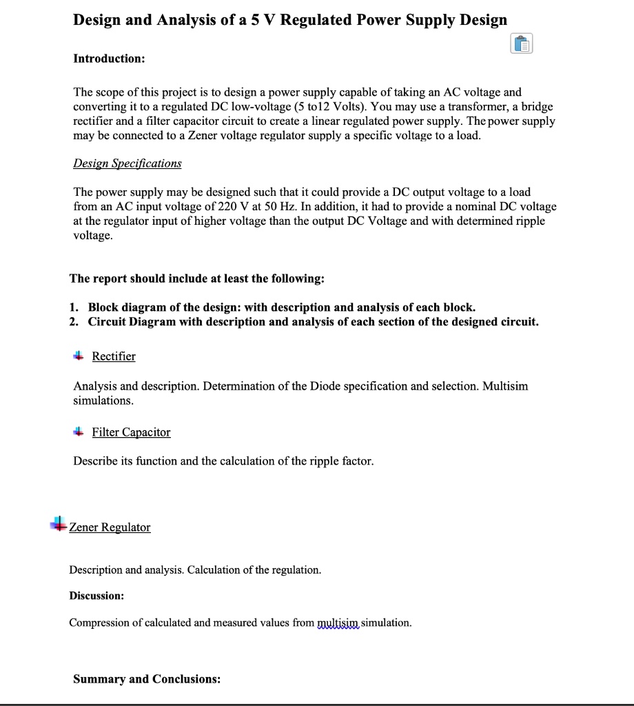 SOLVED: Title: Design and Analysis of a 5V Regulated Power Supply ...