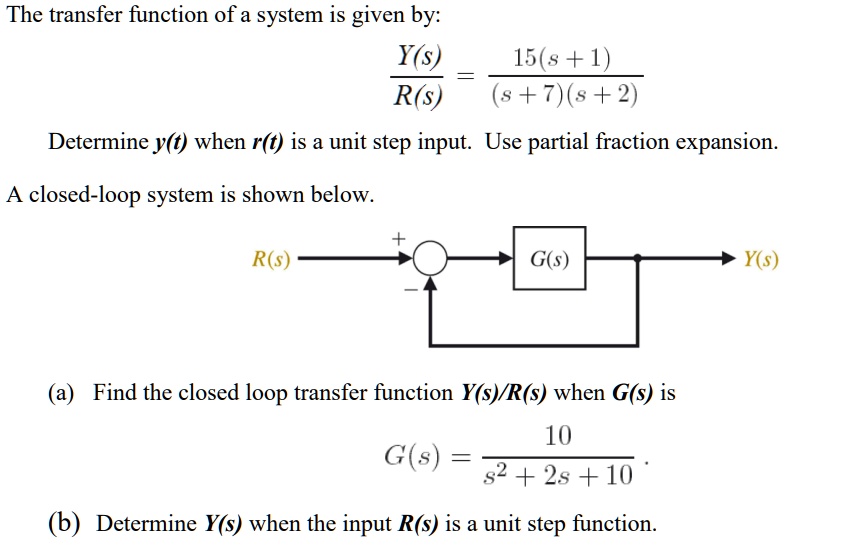 The transfer function of a system is given by: (Y(s))/(R(s)) = (15(s+1))/((s+7)(s+2)) Determine ...