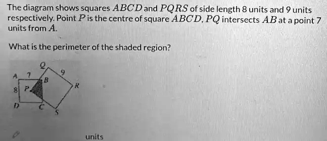 The diagram shows squares ABCD and PQRS of side length 8 units and 9 units respectively. Point P ...