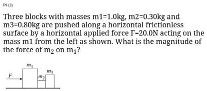 SOLVED: Three blocks with masses m1=1.0 kg, m2=0.30 kg, and m3=0.80 kg are pushed along a ...