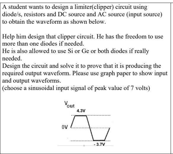 SOLVED: A student wants to design a limiter(clipper) circuit using diode/s, resistors and DC ...