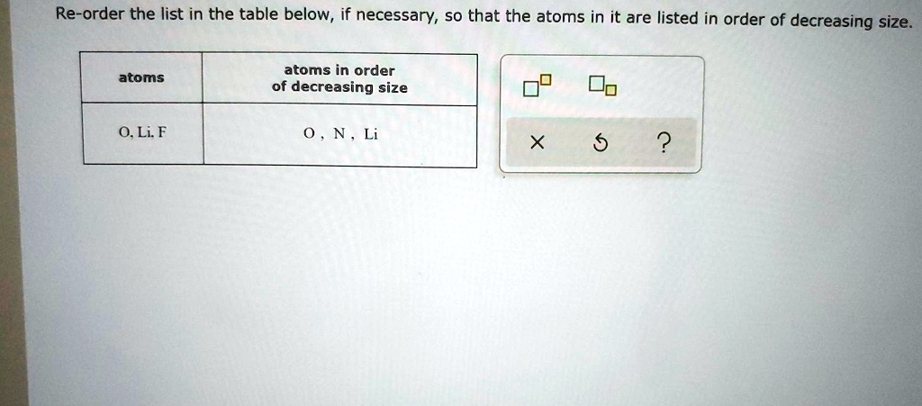Solved Atoms In Order Of Decreasing Size 0 Li 1 F 2 N 3 Li 4 X 5 5