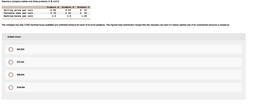 SOLVED: Assume a company makes only three products, A, B, and C: Product A Product B Product C ...