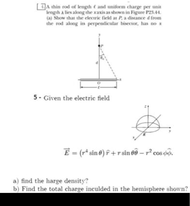 SOLVED: A thin rod of length L and uniform charge per unit length Î ...