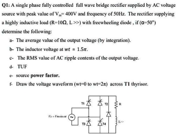 Q1: A single phase fully controlled full wave bridge rectifier supplied by AC voltage source ...
