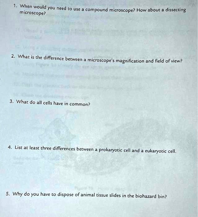 1. When would you need to use a compound microscope? How about a dissecting microscope? 2. What ...