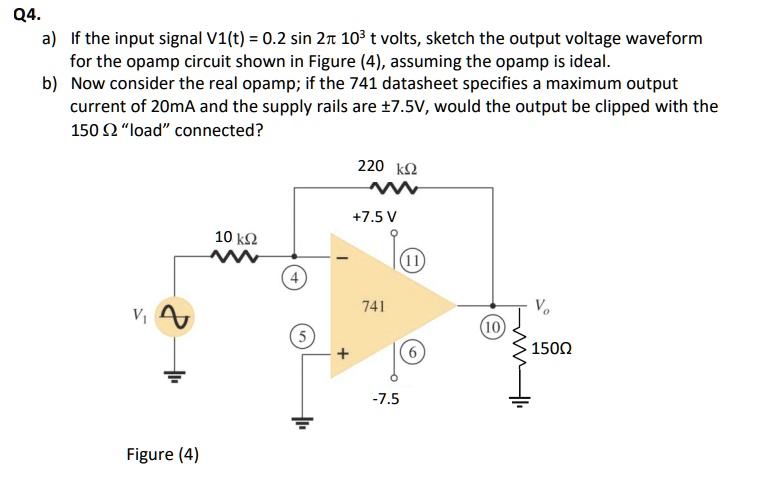 SOLVED: a) If the input signal V1(t) = 0.2 sin(2Ï€10^3t) volts, sketch the output voltage ...