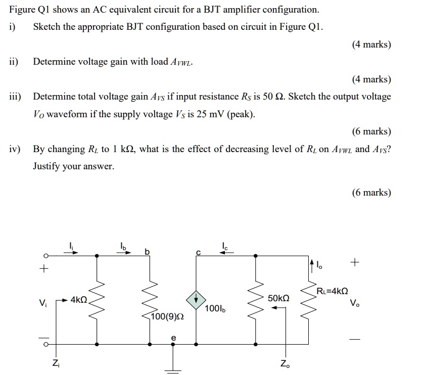 Figure Q1 shows an AC equivalent circuit for a BJT amplifier ...