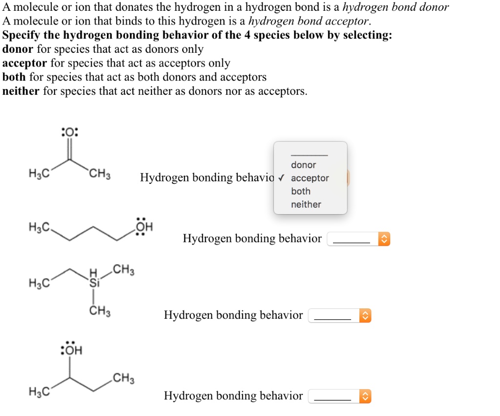 A molecule or ion that donates the hydrogen in a hydrogen bond is a ...