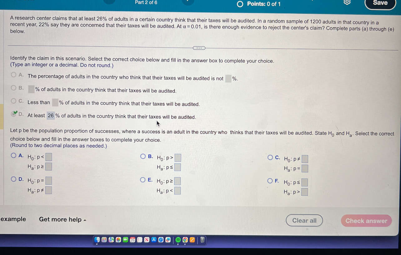 SOLVED: Part 2 of 6 Points: 0 of 1 Save A research center claims that ...