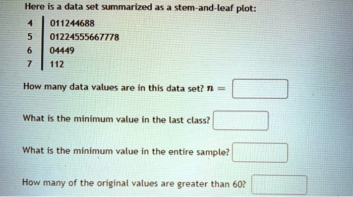 SOLVED: Here is a data set summarized as a stem-and-leaf plot ...