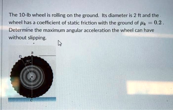 The 10-lb wheel is rolling on the ground. Its diameter is 2 ft and the ...