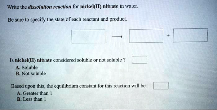 Write the dissolution reaction for nickel(II) nitrate in...