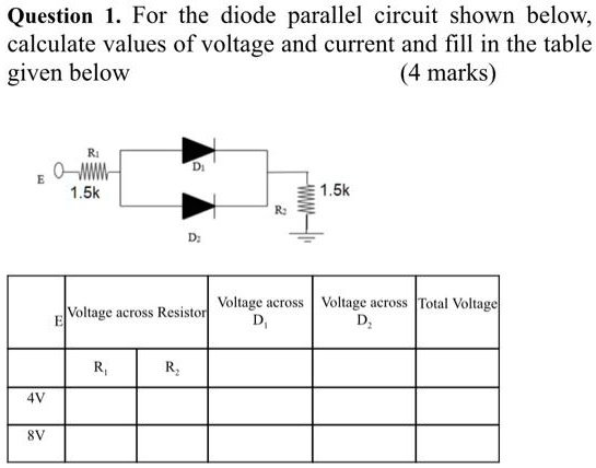 Question 1. For the diode parallel circuit shown below, calculate values of voltage and current ...