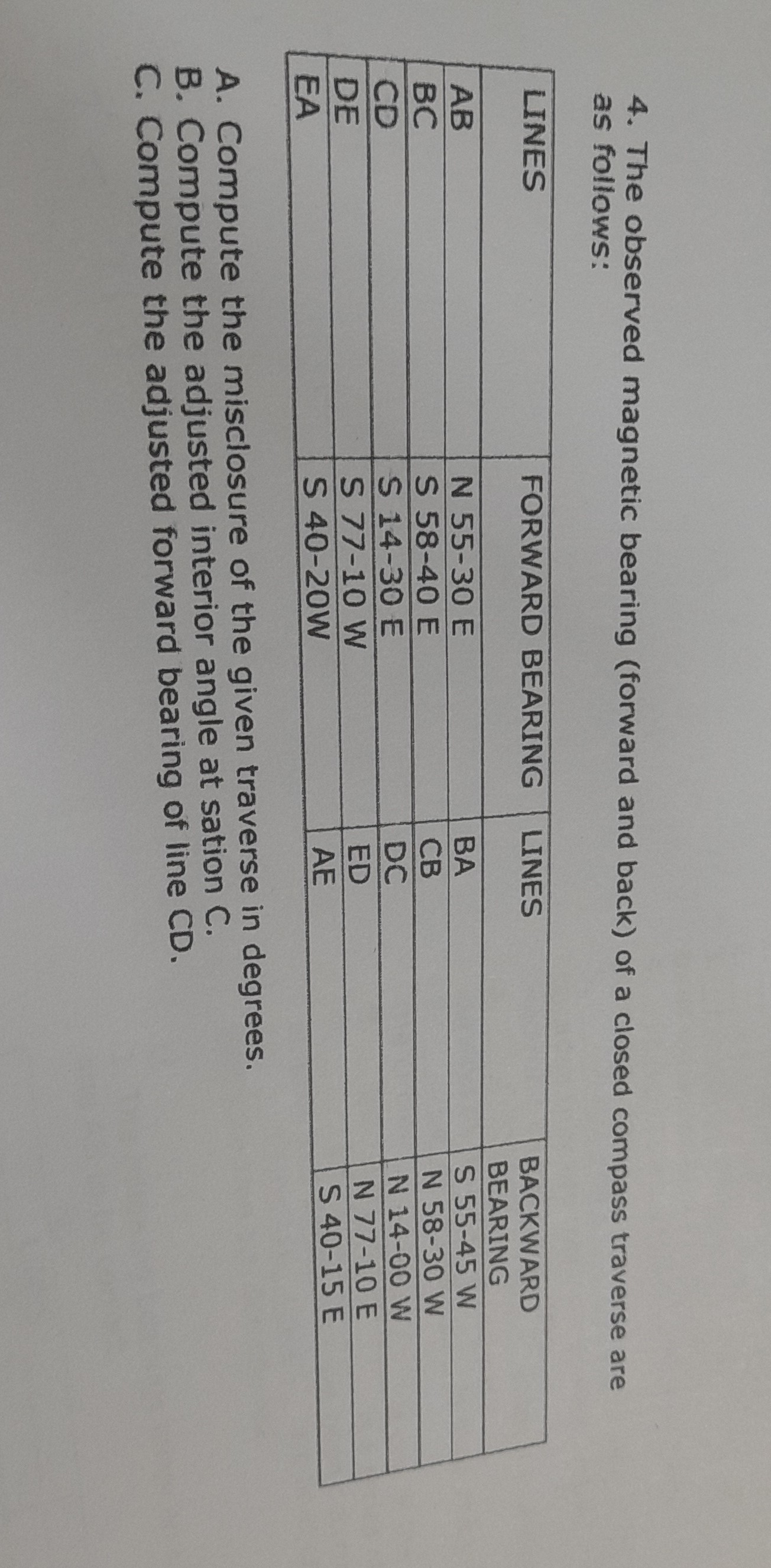 SOLVED: 4. The observed magnetic bearing (forward and back) of a closed compass traverse are as ...