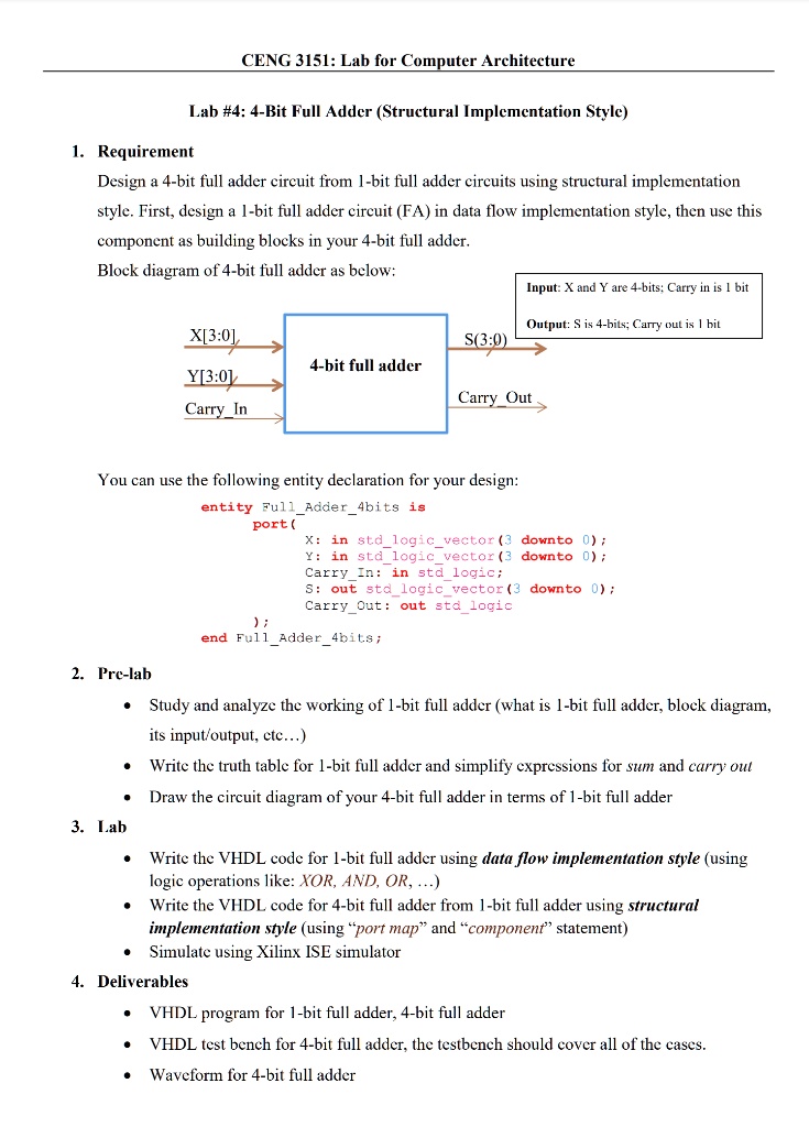 Get Answer Ceng 3151 Lab For Computer Architecture Lab 4 4 Bit Full Adder Structural