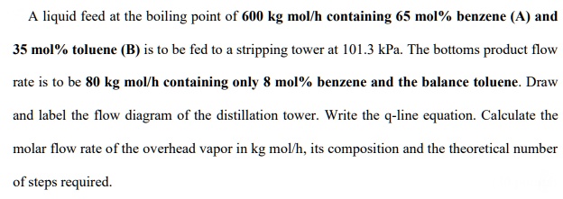 SOLVED: A liquid feed at the boiling point of 600 kg mol/h containing ...