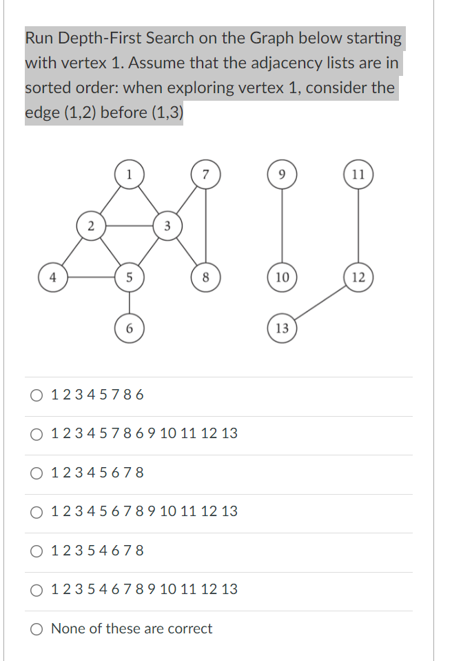 Solved Run Depth First Search On The Graph Below Starting With Vertex 1 Assume That The