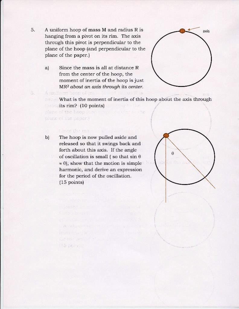 5. A uniform hoop of mass M and radius R is hanging from a pivot on its ...