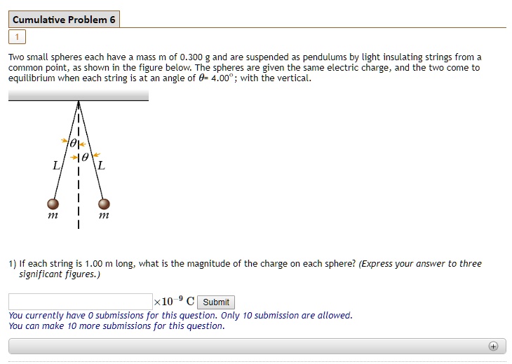 SOLVED: Cumulative Problem 6 Two small spheres each have mass m of 0.300 g and are suspended as ...