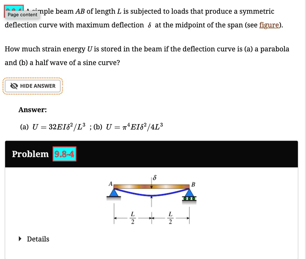 a simple beam ab of length l is subjected to loads that produce a symmetric deflection curve ...