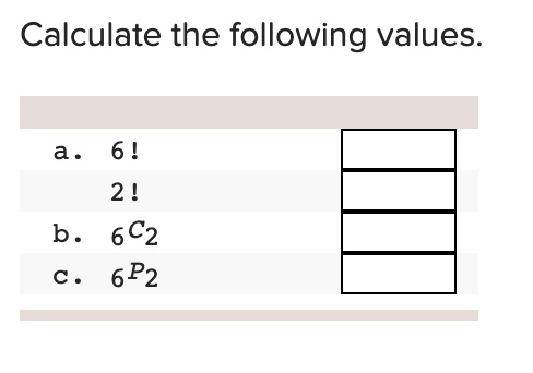 SOLVED: Calculate the following values: a 6 ! 2 ! b 6C2 C . 6P2