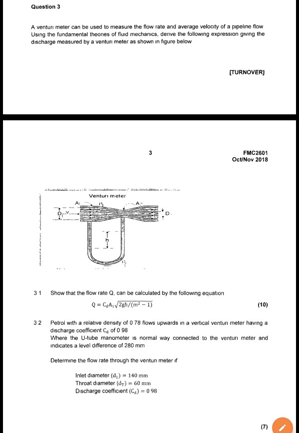 SOLVED: A venturi meter can be used to measure the flow rate and ...