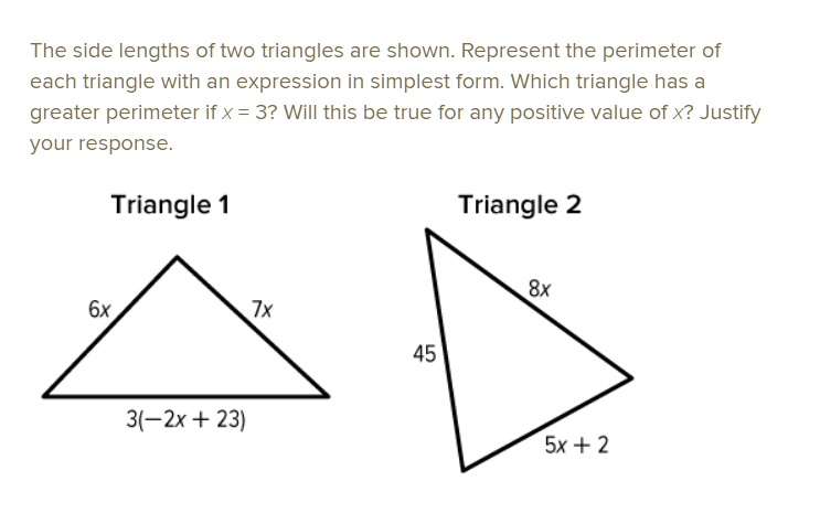 SOLVED: The side lengths of two triangles are shown Represent the perimeter of each triangle ...